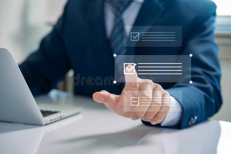 Digital Task Verification and Approval, Businessman Touching Virtual ...