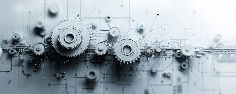 Digital Tech Evolution: Gray Gears and AI Elements on Abstract White ...