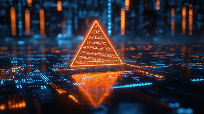 Digital Tech Illustration Glowing Orange Warning Triangle on Dark Blue ...