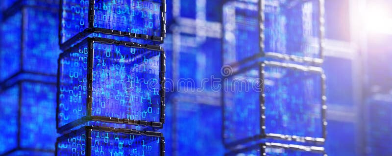 Digital Technology Background Blockchain Network Data Stream Cube With Binary Code Abstract