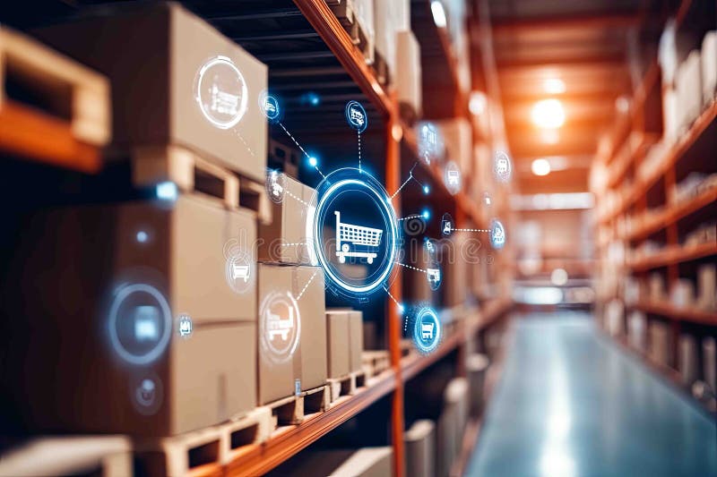 Digital Technology Background Concept of a Warehouse with Cardboard ...