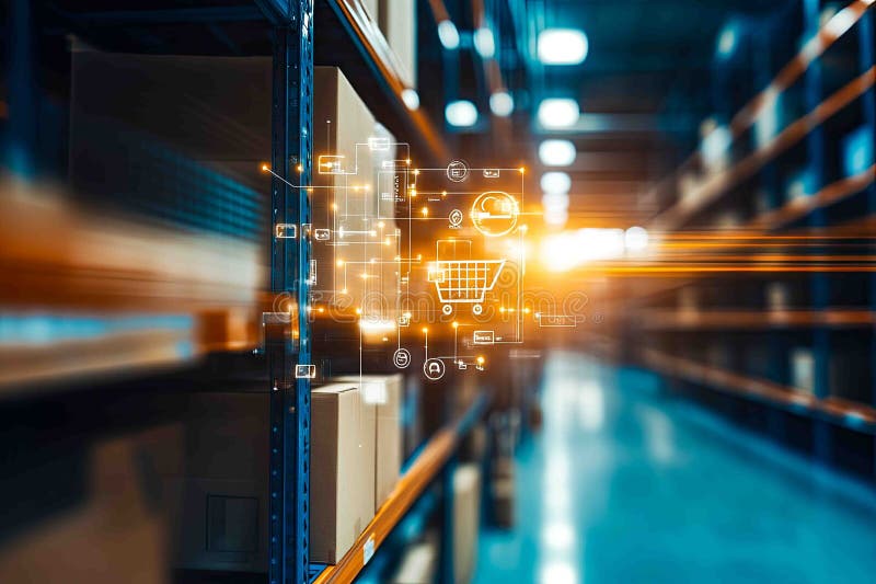 Digital Technology Background Concept of a Warehouse with Cardboard ...