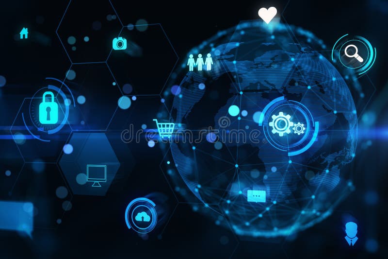 Digital Technology Background with Neon Blue Cyberspace Elements and ...