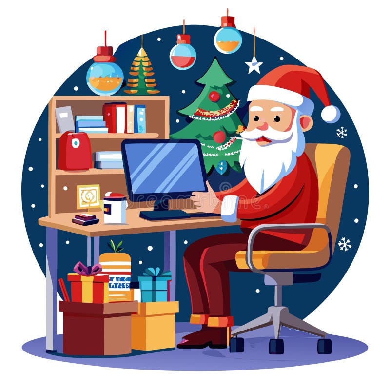 Digital Technology on Christmas Santa Claus Work in Office Illustration ...
