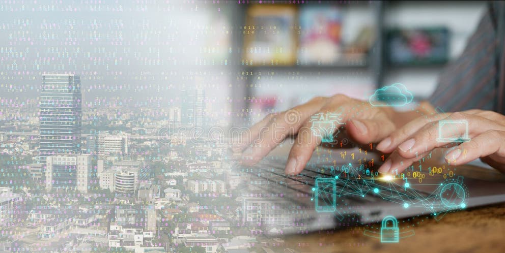 Digital Technology and Cloud Computing: Concept. a Man Using His Laptop To Connect To Global ...