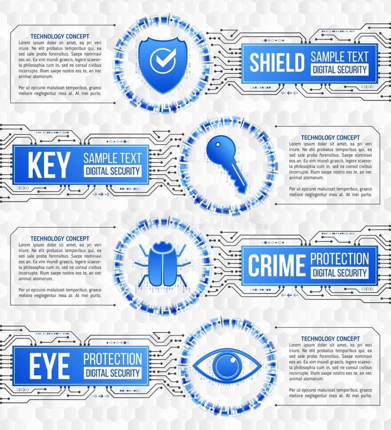 Digital Technology Concept of Background with Shield, Key, Hacker Bug and Eye. Modern Safety ...