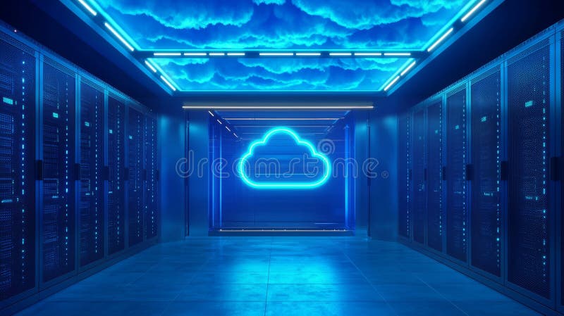 A Digital Technology Concept Featuring Cloud Computing, with Virtual Web and Cloud Icons ...