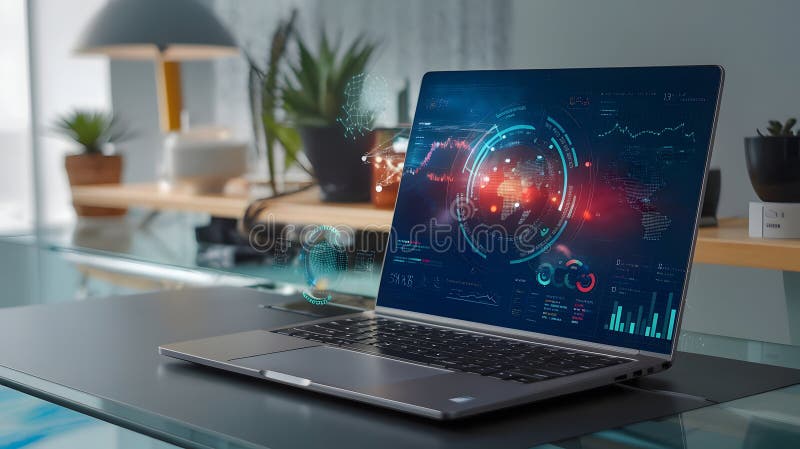 Digital Technology Concept: Laptop with Virtual Data Visualizations ...