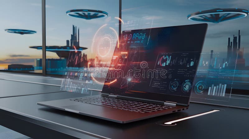 Digital Technology Concept: Laptop with Virtual Data Visualizations ...