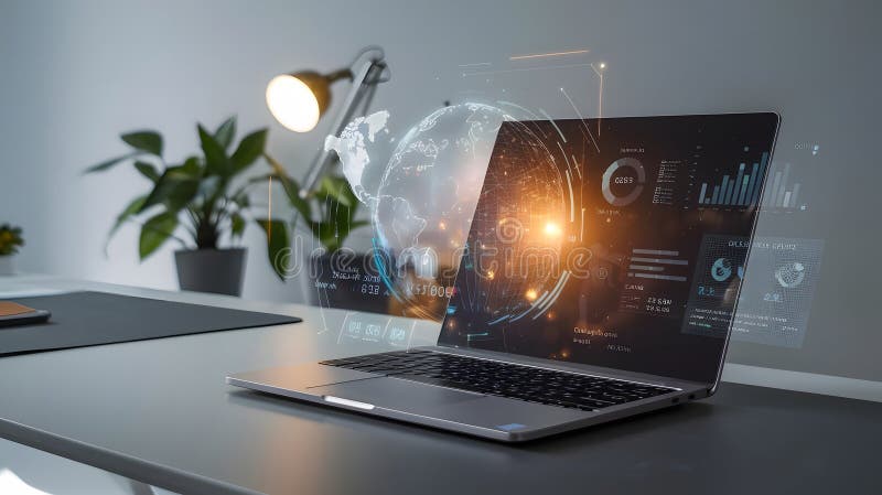 Digital Technology Concept: Laptop with Virtual Data Visualizations ...