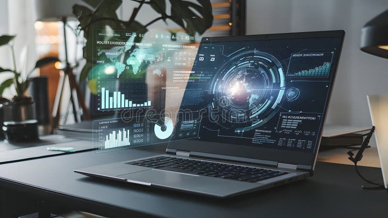 Digital Technology Concept: Laptop with Virtual Data Visualizations ...