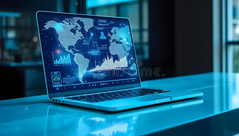 Digital Technology Concept: Laptop with Virtual Data Visualizations ...