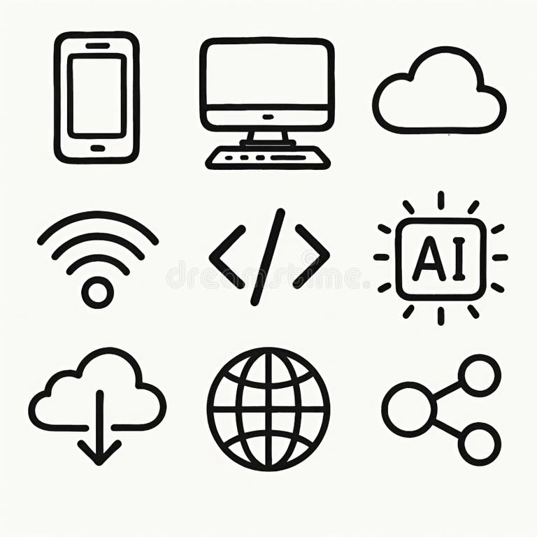 Digital Technology Doodle Icons – Hand-Drawn Tech Essentials Stock ...