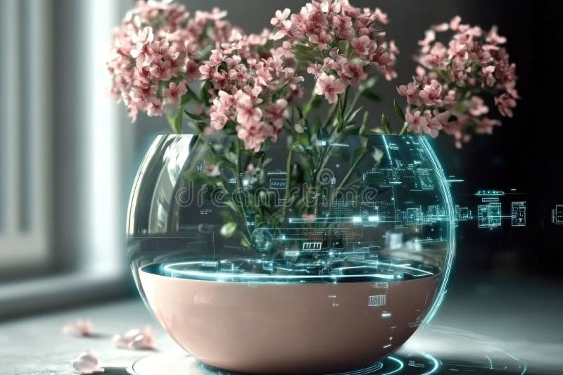Digital Technology Enhanced Flowers in Futuristic Smart Glass Vase on ...
