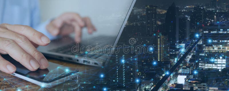 Digital Technology. Futuristic Tech Background: Man Using Mobile Phone ...