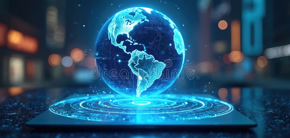 Digital Technology Illustration Features 3D Globe Projection with Blue ...