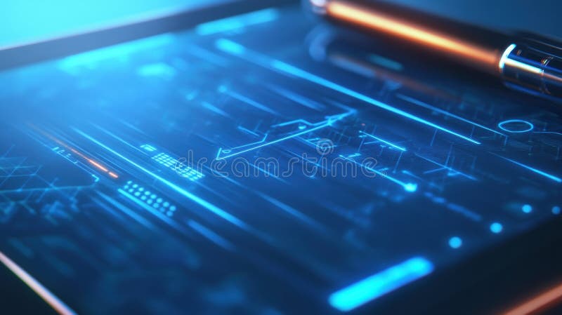 Digital Technology Interface Featuring Blue Holographic Graphics with a ...