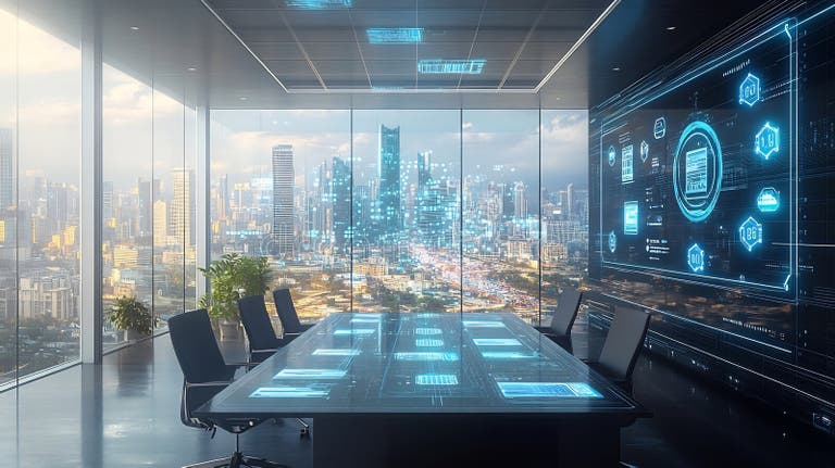Digital Technology Interface Overlooking Futuristic City Skyline in Modern Boardroom Stock ...