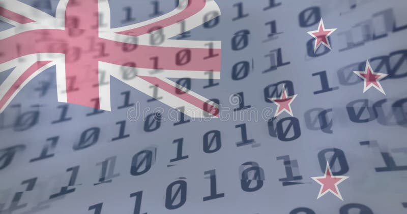 Digital Technology Theme with Animation of New Zealand Flag and Binary ...