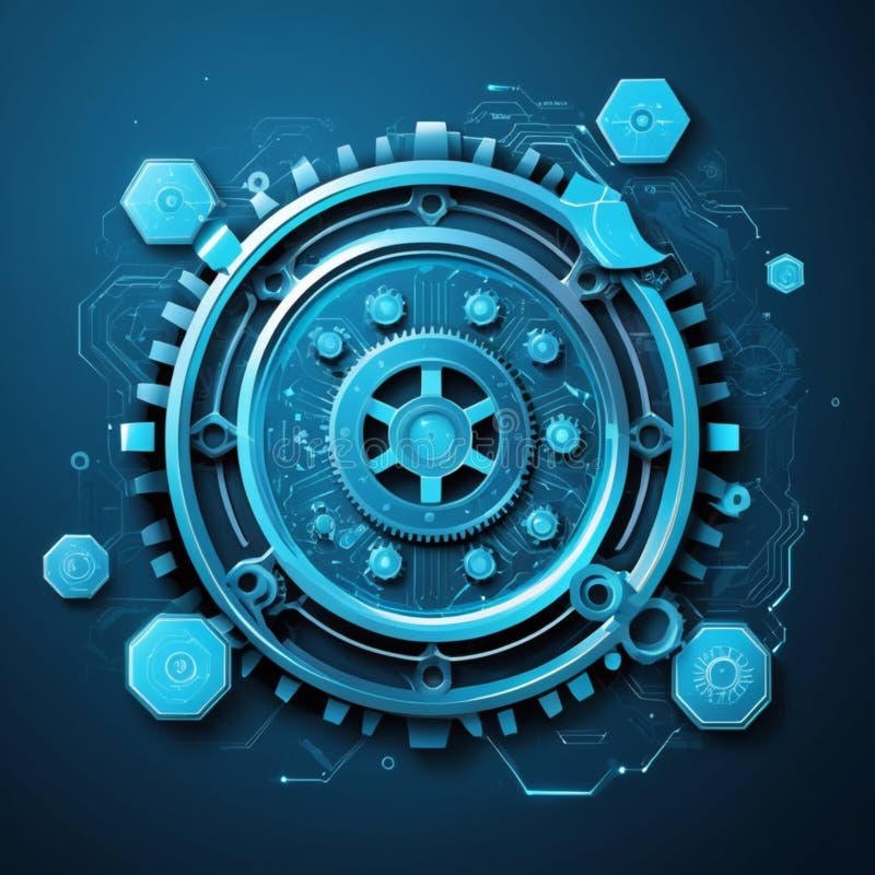 Digital Telecom Technology Concept, Gear Wheel, Hexagons, Circuit Board ...