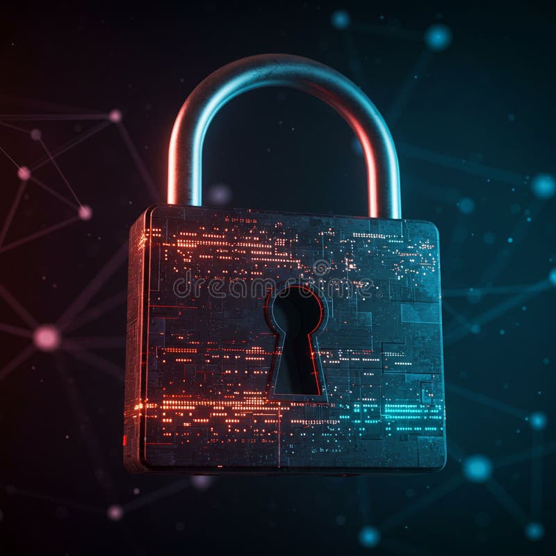 A Digital-themed Padlock with Circuit Patterns is Set Against a Dark ...