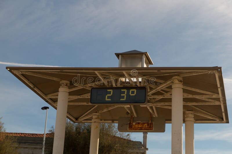 Digital Thermometer with Celsius Display, Blue Sky Stock Photo - Image ...