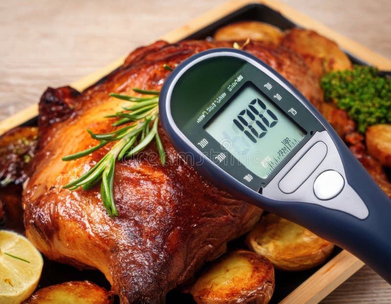 A Digital Thermometer Checking the Temperature of Roasted Meat Stock ...