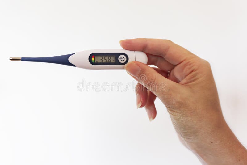 Digital Thermometer Isolated with Hand on White Background Stock Photo ...