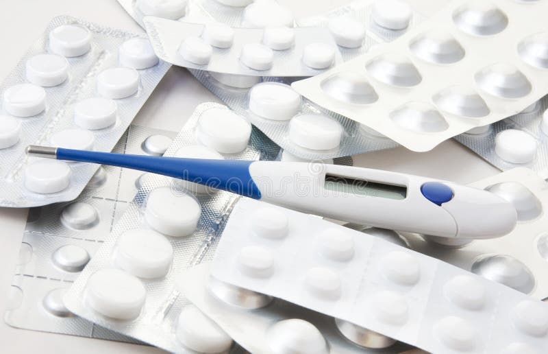 Digital Thermometer and Pills Packs Stock Photo - Image of fever, high ...