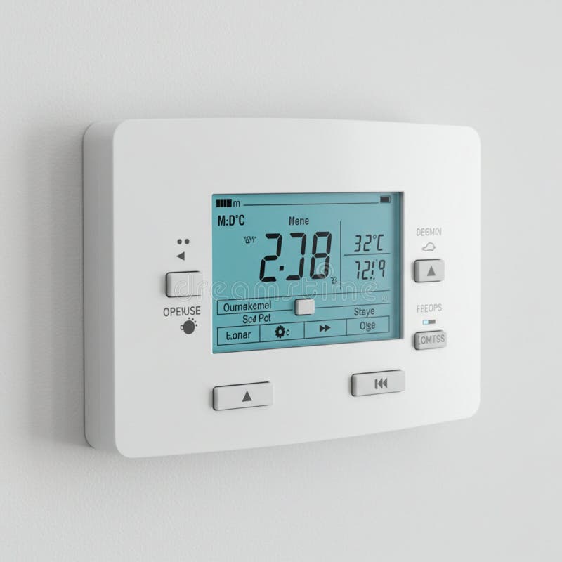 Digital Thermostat Mounted on a Wall. it Features a Rectangular Display ...