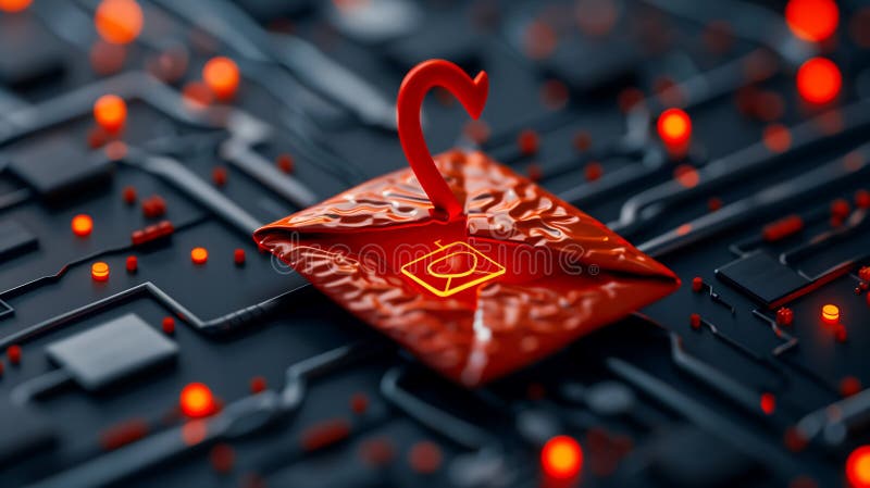 Digital Threat Abstract with Red Phishing Hook and Corrupted Email Icon ...