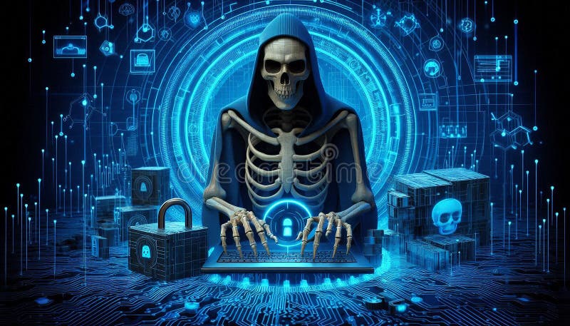 Digital Threat Concept with Skeleton and Technology Stock Illustration ...