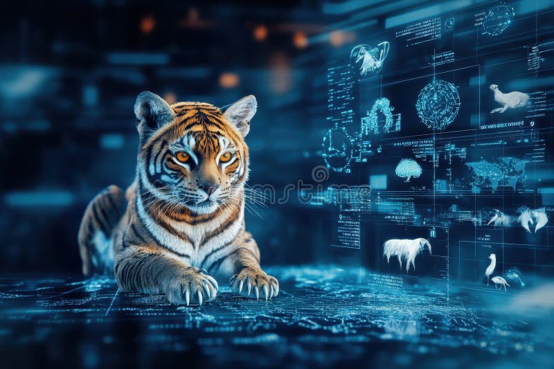 A Digital Tiger Engages with Virtual Technology in a Futuristic Setting ...