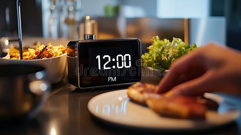 Digital Clock Displaying 12:00 PM on a Kitchen Counter, Surrounded by ...