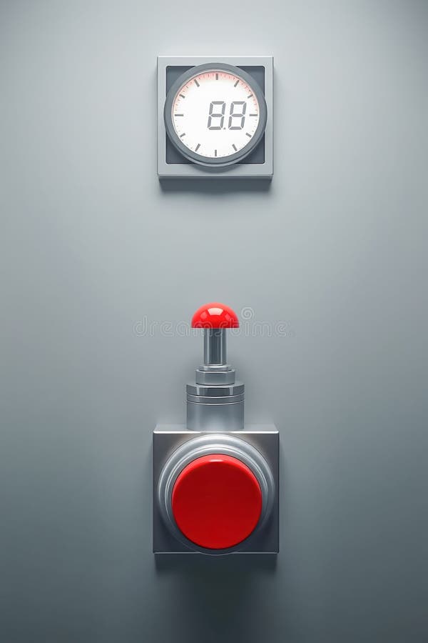 Digital Timer Display with Red Emergency Stop Button on Gray Industrial ...