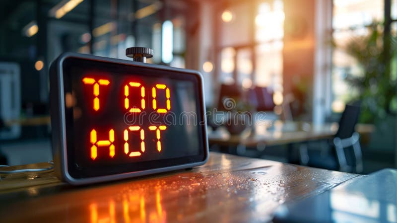 Digital Too Hot Sign in a Sunlit Modern Office. Stock Image - Image of ...