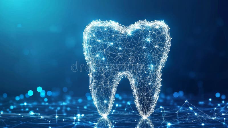 Digital Tooth. Abstract 3D. Connected Dots and Triangles. Blue ...