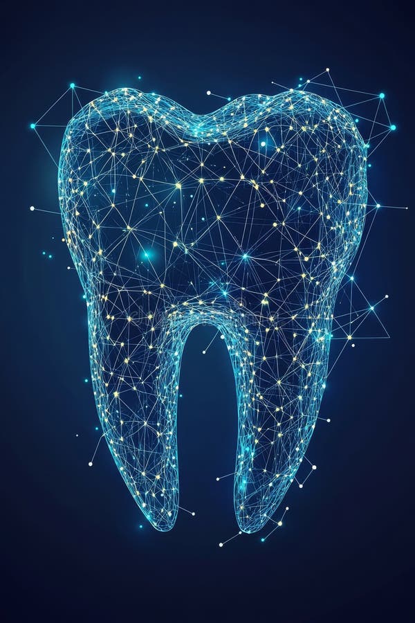 Digital Tooth on Blue Background. Abstract Single Tooth in Lines ...