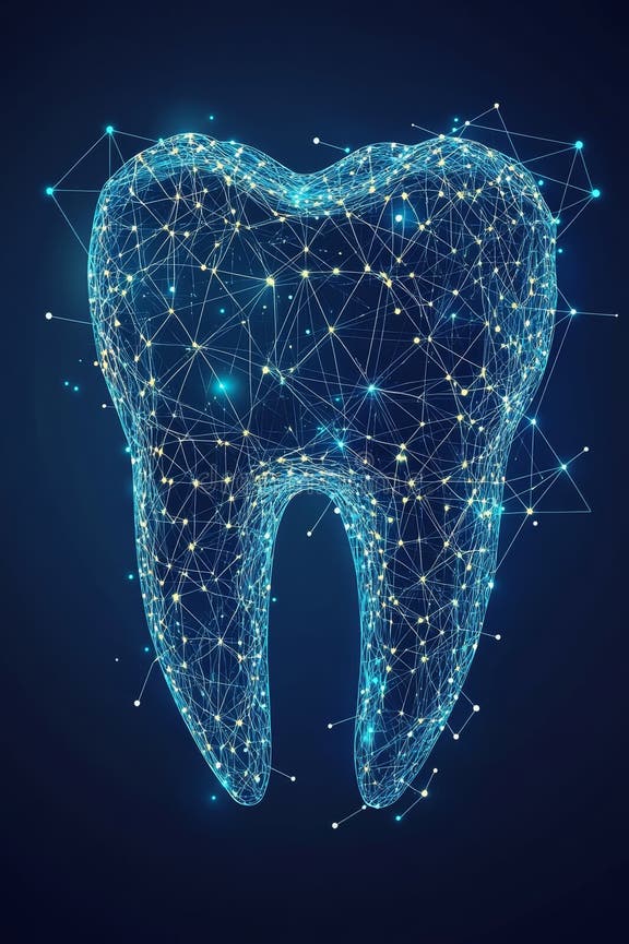 Digital Tooth on Blue Background. Abstract Single Tooth in Lines ...