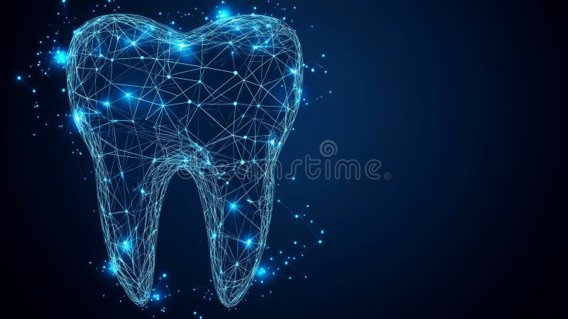 Digital Tooth on Blue Technology Background. Abstract Low Poly Tooth in ...