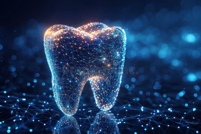 Digital Tooth Illustration with Glowing Network of Light Strings Stock ...