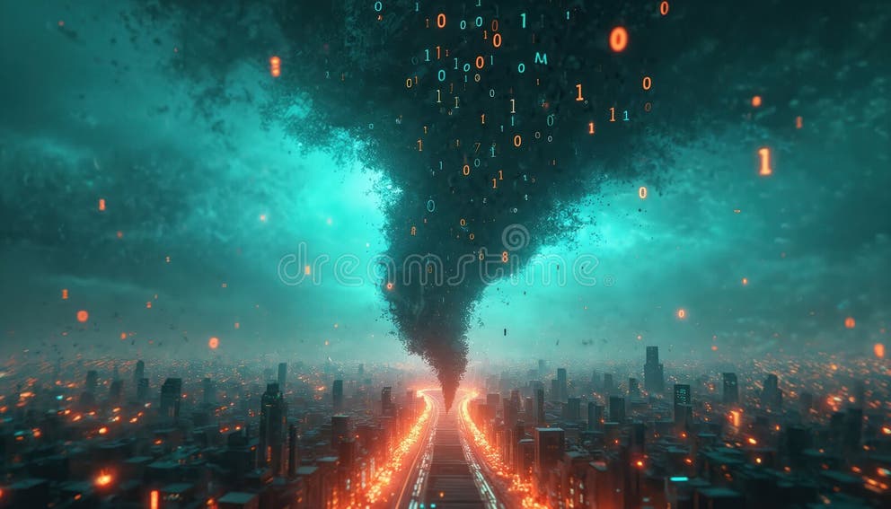 Digital Tornado of Binary Code Zeroes Swirls Over Glowing City Skyline at Data Science ...