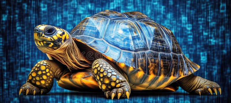 Digital Tortoise on a Blue Holographic Background, Nature Blending with ...