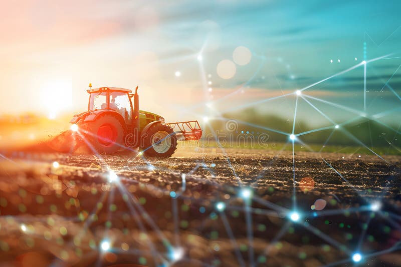 Digital Tractor Plowing Field with Network Connections Stock ...