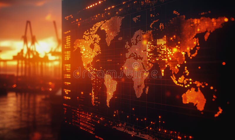 Digital Trade Interface with Data Streams, Maps, and a Port Scene ...