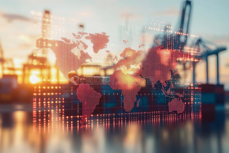 Digital Trade Interface with Data Streams, Maps, and a Port Scene ...