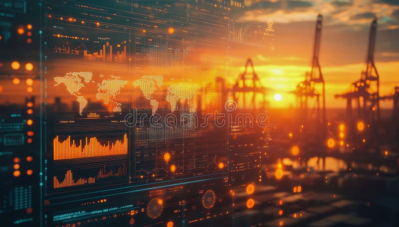 Digital Trade Interface with Data Streams, Maps, and a Port Scene ...