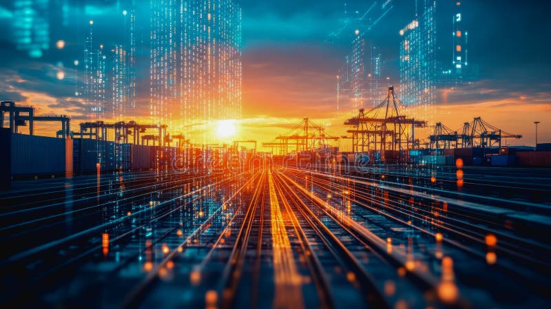 Digital Trade Interface with Data Streams, Maps, and a Port Scene ...