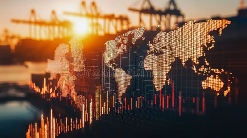 Digital Trade Interface with Data Streams, Maps, and a Port Scene ...