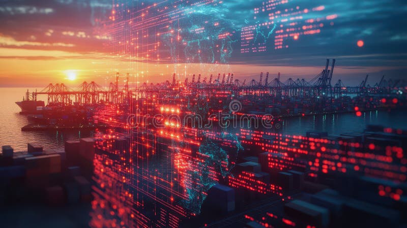 Digital Trade Interface with Data Streams, Maps, and a Port Scene ...